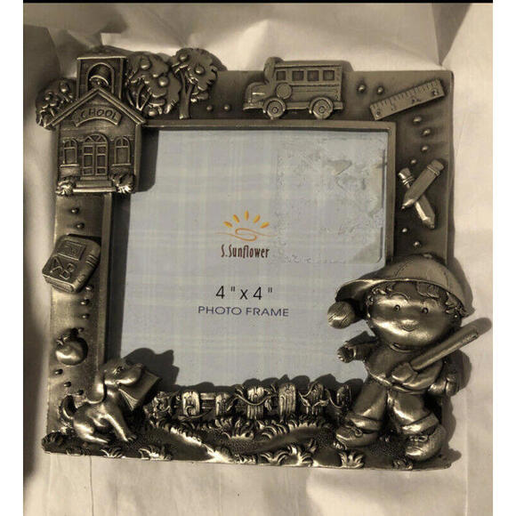 Accents | New Vtg Pewter Metal Back To School 4 X 4 Picture Frame Books ...